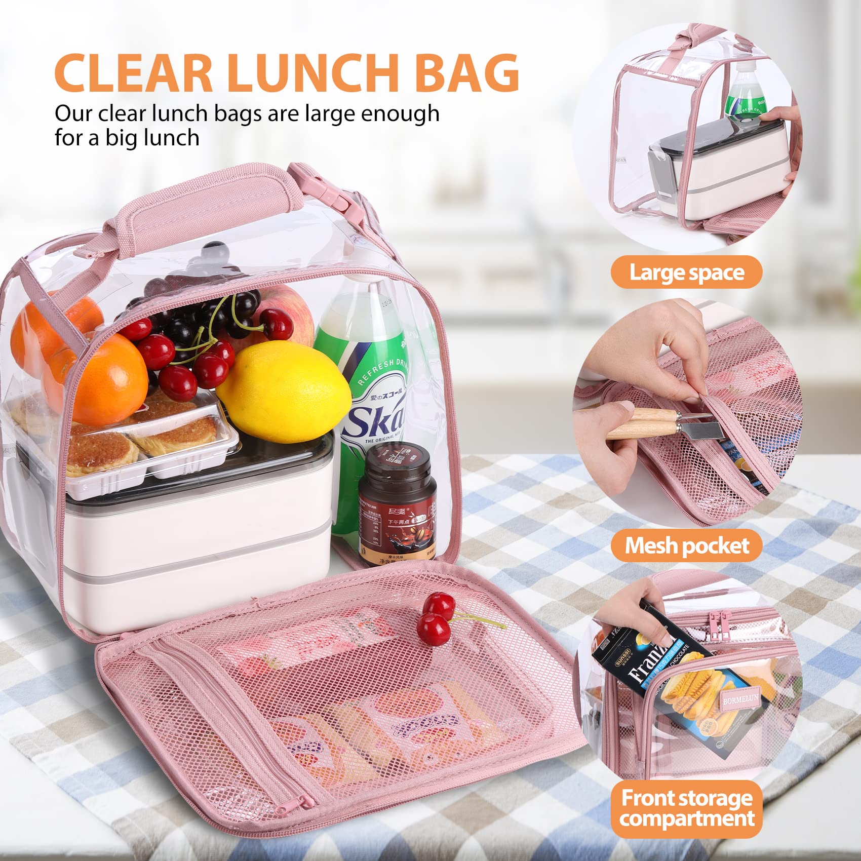 BORMELUN ® Large Pink Clear Lunch Bags for Girls,See Through Plastic Lunch Box，Tote Handle for Women,Office,School Picnic(11x9x6 inches)