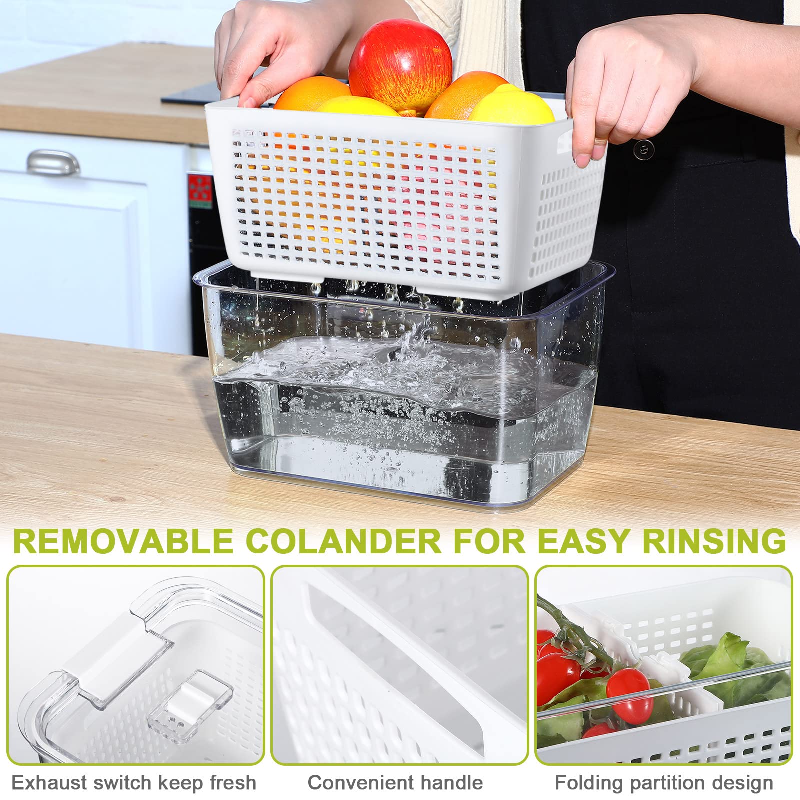 Zopeal 6 Pack Fruit Storage Containers for Fridge Produce Saver Containers for Refrigerator Fruit Containers for Fridge Keep Fresh with Lids Colander and Dividers for Salad Berry Vegetable (White)