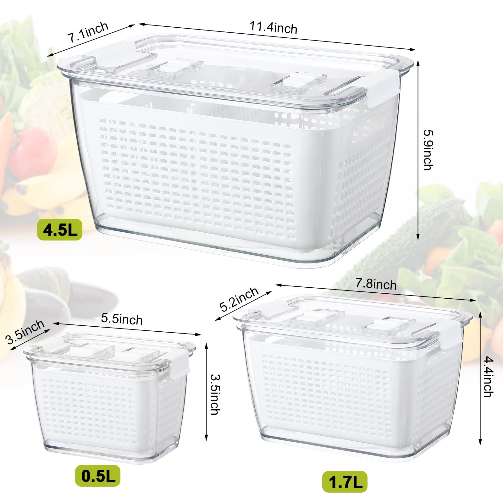 Zopeal 6 Pack Fruit Storage Containers for Fridge Produce Saver Containers for Refrigerator Fruit Containers for Fridge Keep Fresh with Lids Colander and Dividers for Salad Berry Vegetable (White)