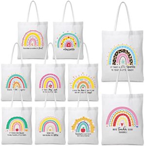 silkfly 10 pack rainbow teacher tote bags gift for christmas, teacher's day, end of semester, retirement teacher appreciation gift reusable canvas bags for women 15 x 14 inch