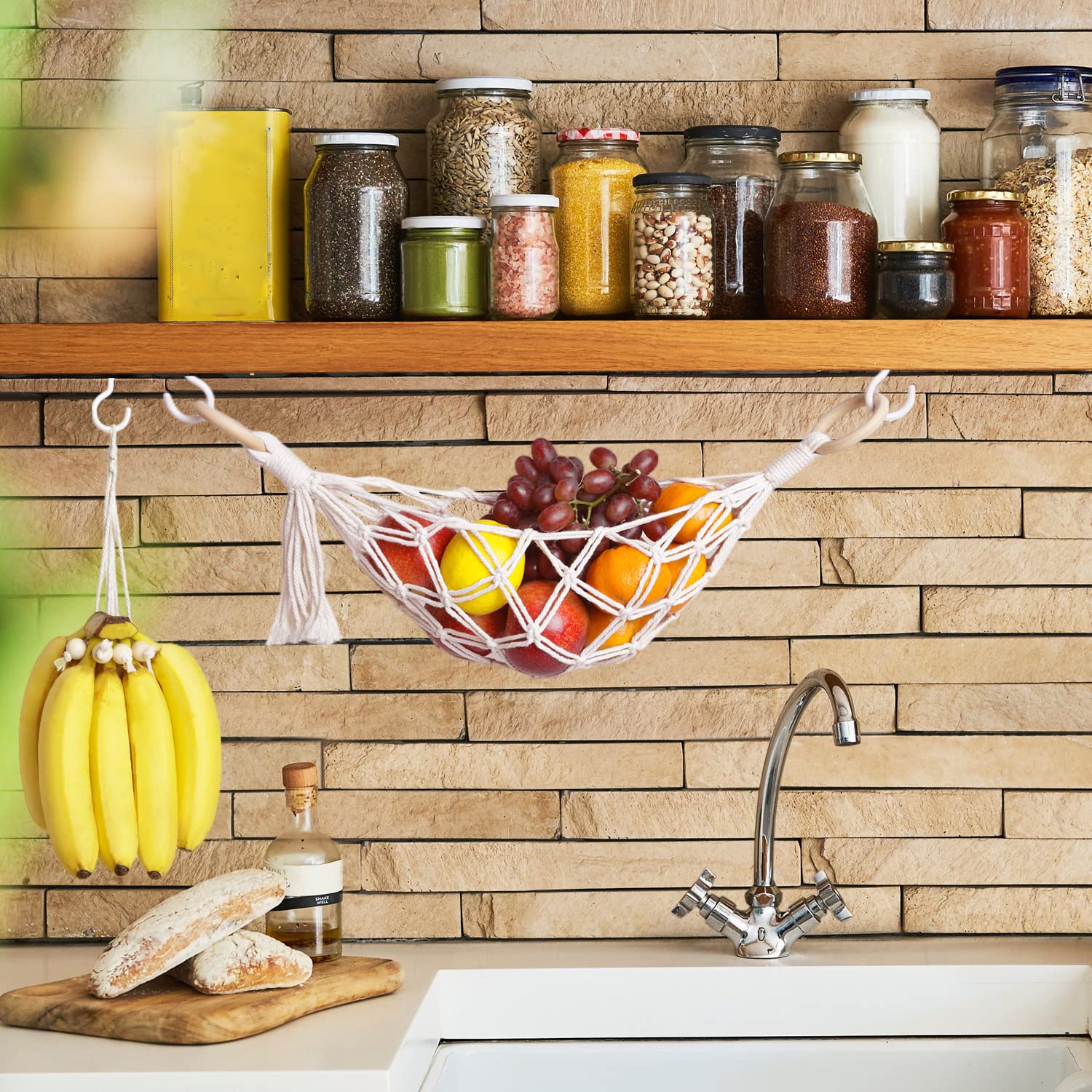 Evbopa Fruit Hammock Under Cabinet for Kitchen Macrame Haning Fruit Basket for Veggies Space Saving in Kitchen, Boat or RV