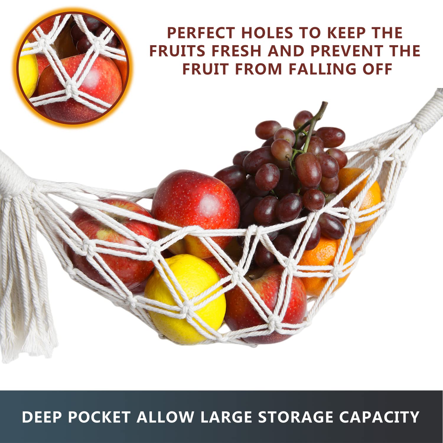 Evbopa Fruit Hammock Under Cabinet for Kitchen Macrame Haning Fruit Basket for Veggies Space Saving in Kitchen, Boat or RV