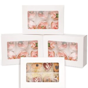 qiqee White Cupcake Cupcake Box with Window 50 Packs Cupcake Box 9"x6.1"x3.3" Bakery Boxes For Cupcakes