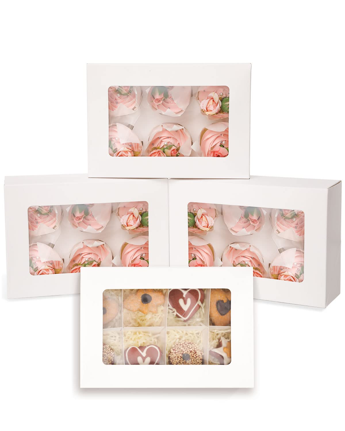 qiqee White Cupcake Cupcake Box with Window 50 Packs Cupcake Box 9"x6.1"x3.3" Bakery Boxes For Cupcakes