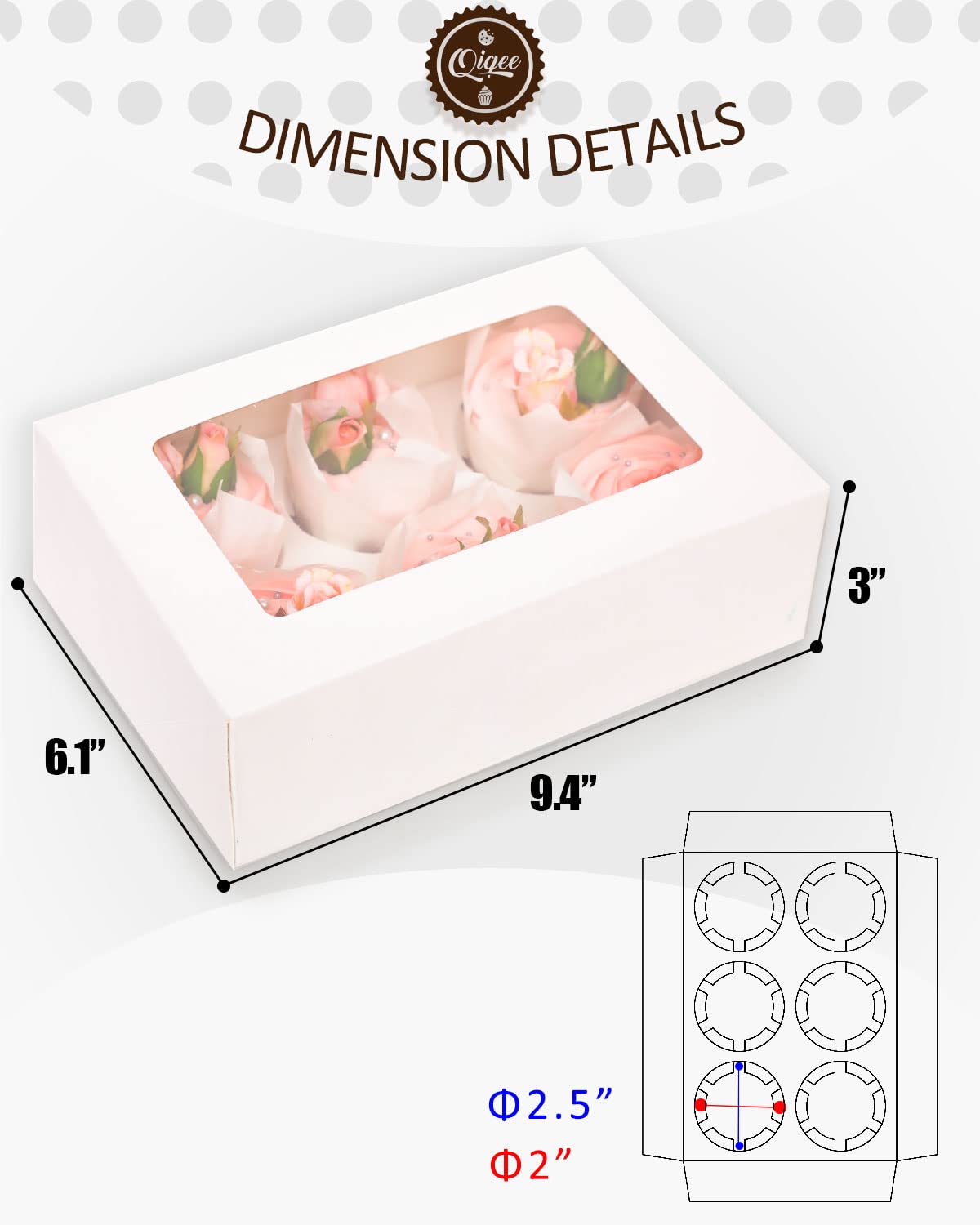 qiqee White Cupcake Cupcake Box with Window 50 Packs Cupcake Box 9"x6.1"x3.3" Bakery Boxes For Cupcakes