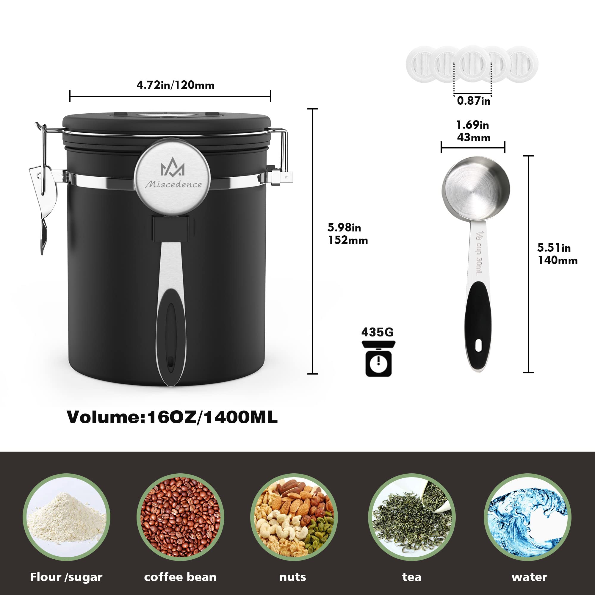 Miscedence Coffee canister for ground coffee with Scoop Date Tracker One Way Co2 Valve 304 Stainless Steel Kitchen Food Airtight storage container for Coffee Beans,Grounds,Tea,Sugar (Black, 16oz)