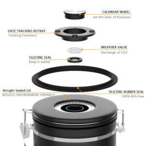 Miscedence Coffee canister for ground coffee with Scoop Date Tracker One Way Co2 Valve 304 Stainless Steel Kitchen Food Airtight storage container for Coffee Beans,Grounds,Tea,Sugar (Black, 16oz)