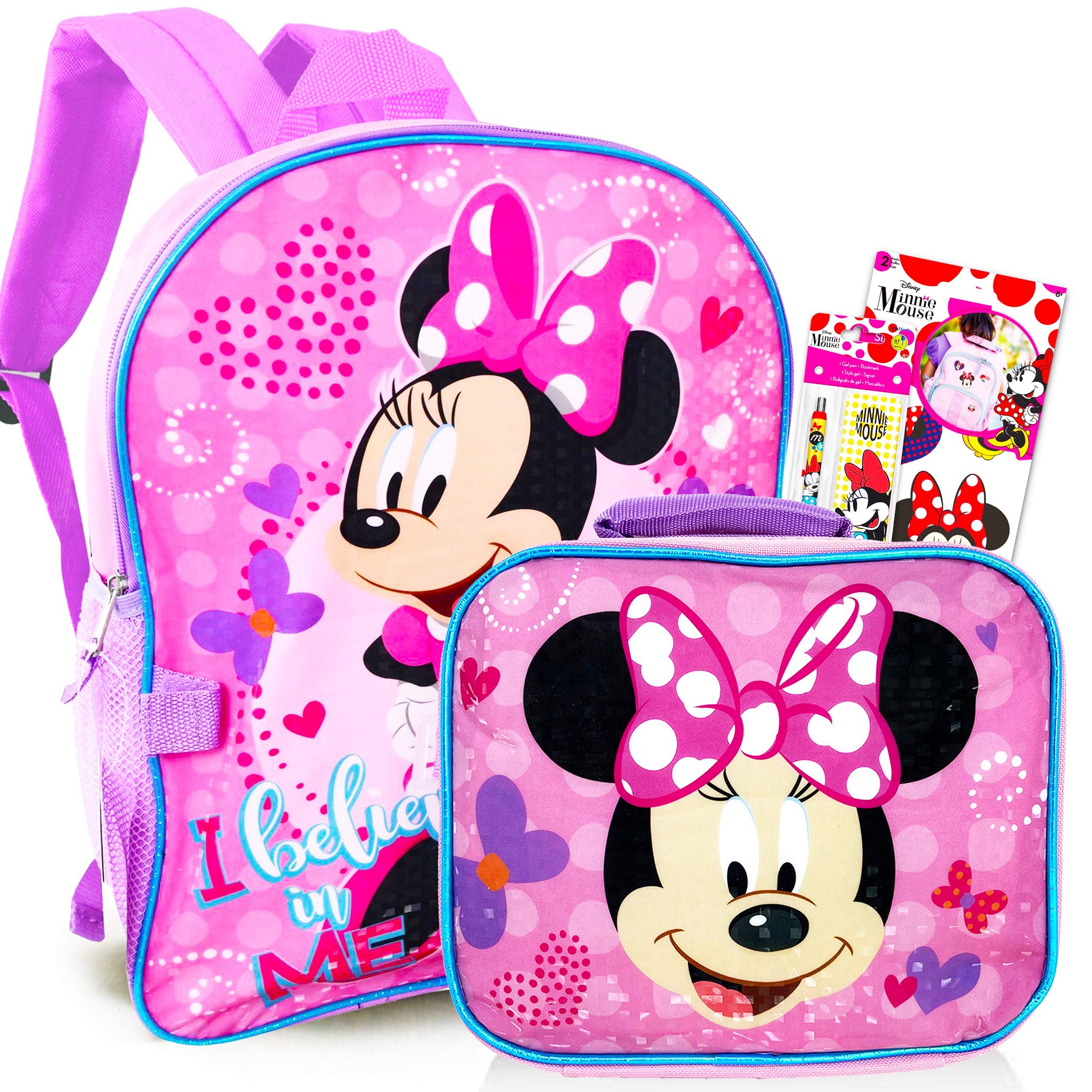 Disney Minnie Mouse Backpack with Lunch Box for Girls 5 Pc Bundle ~ Deluxe 16" Minnie Bag, Insulated Lunch Bag, Stickers, and More (Minnie Mouse School Supplies) (Minnie Mouse Pink)