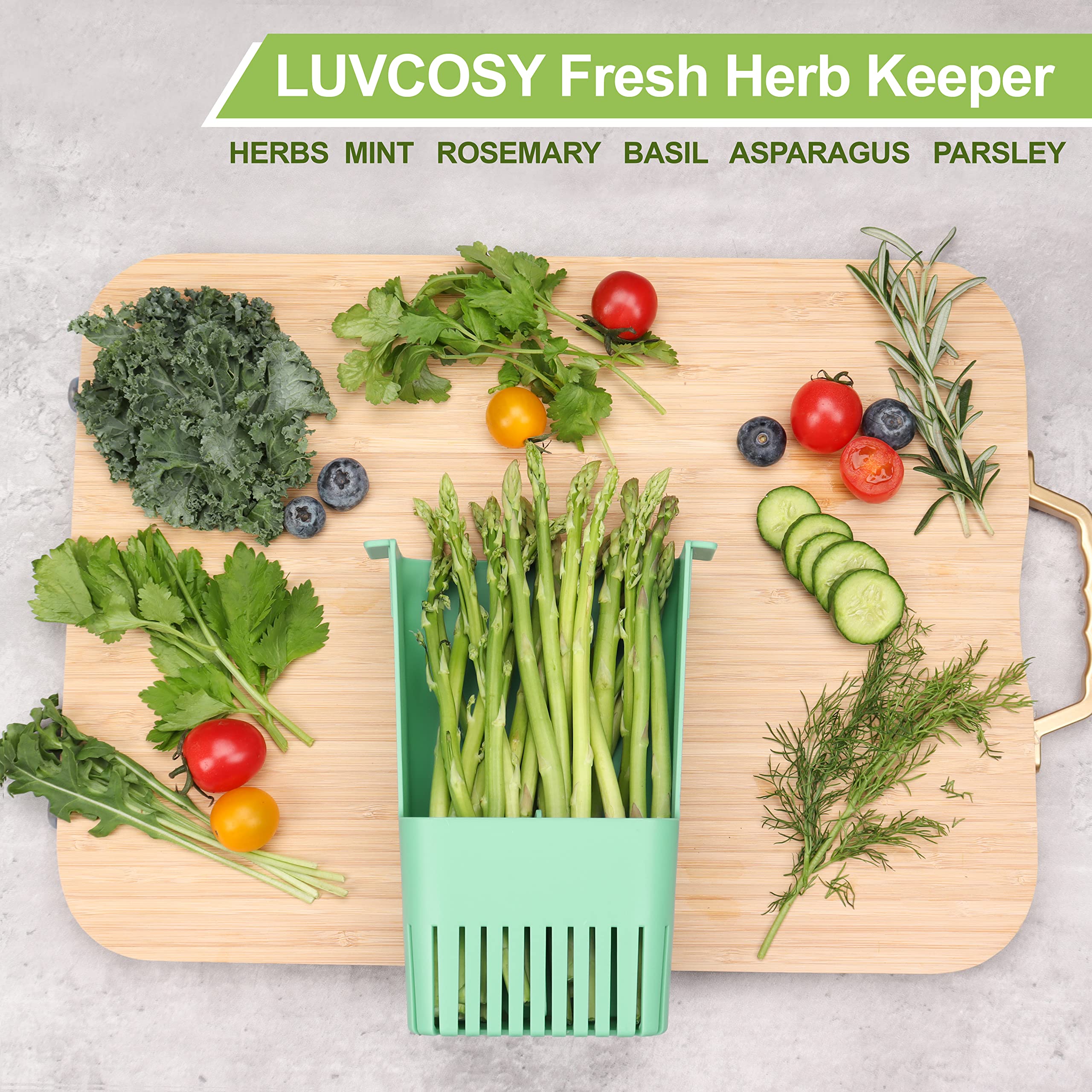 LUVCOSY 2 Pack Herb Keeper, BPA-Free Plastic Herb Saver with an Inner Basket for Cilantro, Mint, Parsley, and Asparagus, Keeps Fresh Herbs for 3 Times Longer