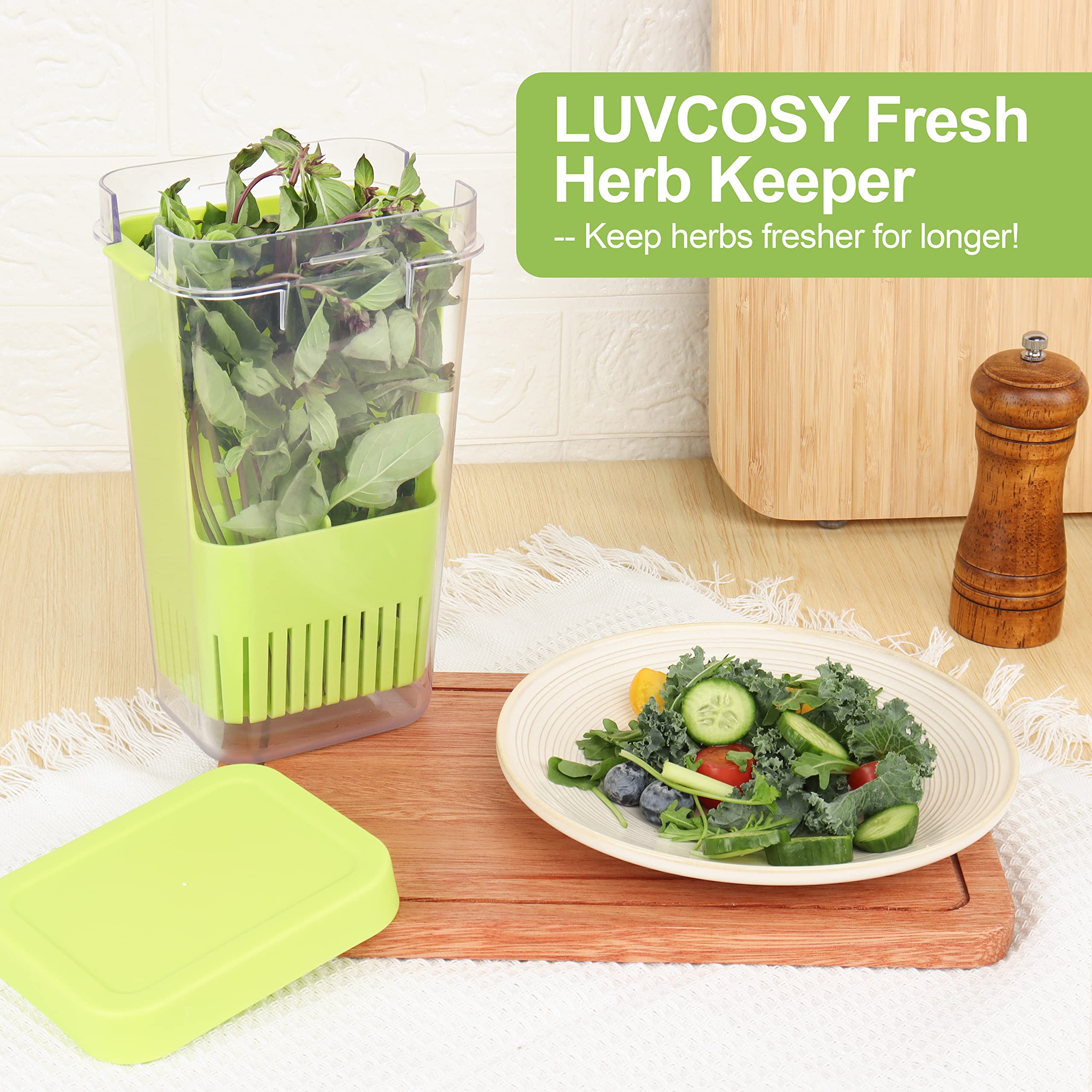 LUVCOSY 2 Pack Herb Keeper, BPA-Free Plastic Herb Saver with an Inner Basket for Cilantro, Mint, Parsley, and Asparagus, Keeps Fresh Herbs for 3 Times Longer