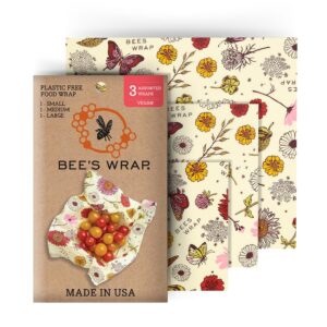 bee's wrap reusable beeswax food wraps made in the usa, eco friendly beeswax wraps for food, sustainable food storage containers, organic cotton food wraps, assorted 3 pack (s, m, l), vegan