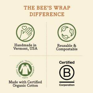 Bee's Wrap Reusable Beeswax Food Wraps Made in the USA, Eco Friendly Beeswax Wraps for Food, Sustainable Food Storage Containers, Organic Cotton Food Wraps, Assorted 3 Pack (S, M, L), Vegan