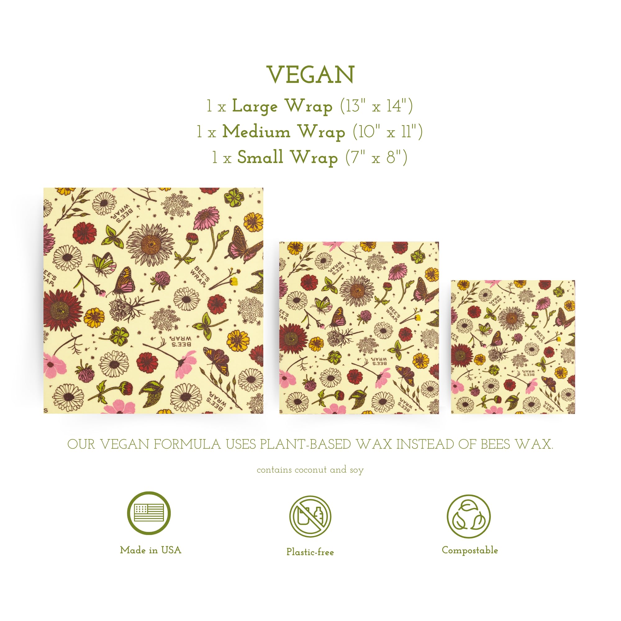 Bee's Wrap Reusable Beeswax Food Wraps Made in the USA, Eco Friendly Beeswax Wraps for Food, Sustainable Food Storage Containers, Organic Cotton Food Wraps, Assorted 3 Pack (S, M, L), Vegan