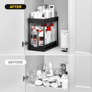 EPSY 2 Tier Under Sink Organizer 2 Pack, Multi-Purpose Cleaning Supplies Organizer with 8 Hooks, 2 Hanging Cups & Pull-Out Drawer, Kitchen & Bathroom Cabinet Storage, Adjustable Height, Black