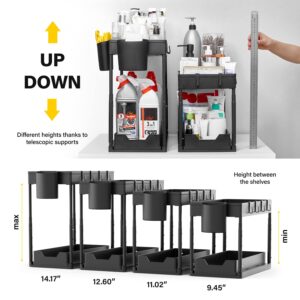 EPSY 2 Tier Under Sink Organizer 2 Pack, Multi-Purpose Cleaning Supplies Organizer with 8 Hooks, 2 Hanging Cups & Pull-Out Drawer, Kitchen & Bathroom Cabinet Storage, Adjustable Height, Black