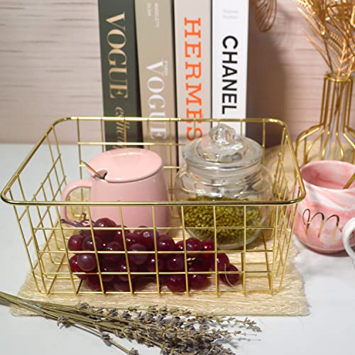 Vlish 2 Gold Wire Baskets - Gold 2 Pack Wire Basket Set | Storage | Decor | Crafts | Kitchen Organizing | Great for Closets | Cabinets | Pantries | Tables | Counter Tops | Office Storage