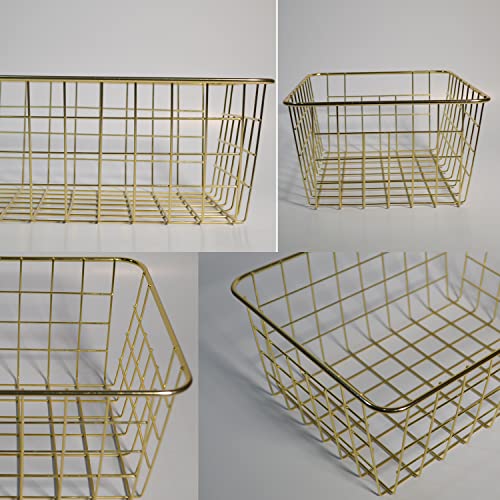 Vlish 2 Gold Wire Baskets - Gold 2 Pack Wire Basket Set | Storage | Decor | Crafts | Kitchen Organizing | Great for Closets | Cabinets | Pantries | Tables | Counter Tops | Office Storage