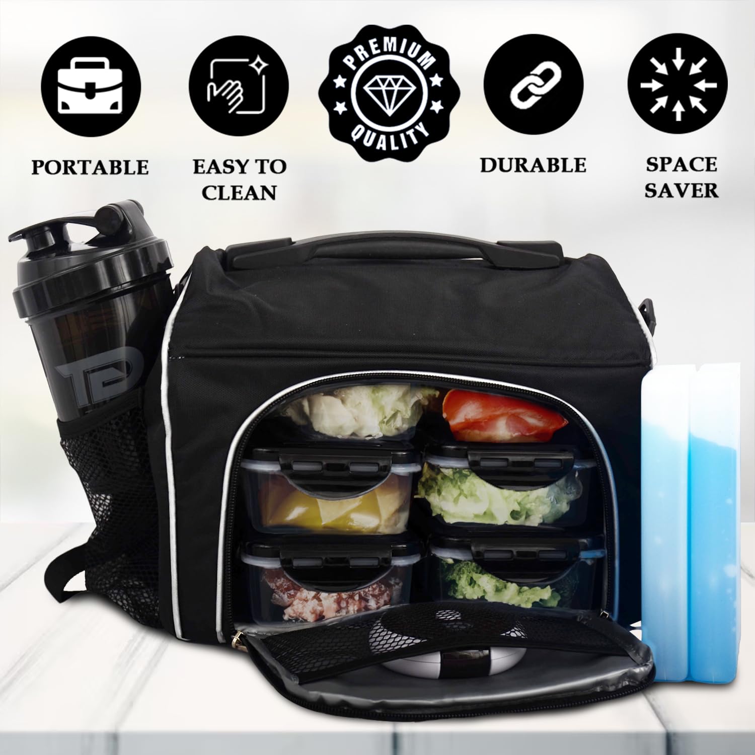 TO GO Meal Prep Bag Insulated Lunch Meals Bag W/6 Portion Control Containers,2 ICE PACKS, Shaker, Pill Box,With an Adjustable shoulder. bag for meals (black) New Design