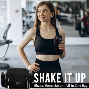 TO GO Meal Prep Bag Insulated Lunch Meals Bag W/6 Portion Control Containers,2 ICE PACKS, Shaker, Pill Box,With an Adjustable shoulder. bag for meals (black) New Design