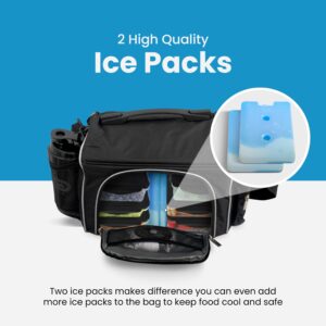 TO GO Meal Prep Bag Insulated Lunch Meals Bag W/6 Portion Control Containers,2 ICE PACKS, Shaker, Pill Box,With an Adjustable shoulder. bag for meals (black) New Design