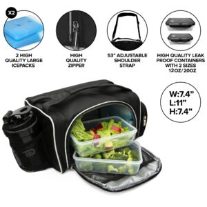 TO GO Meal Prep Bag Insulated Lunch Meals Bag W/6 Portion Control Containers,2 ICE PACKS, Shaker, Pill Box,With an Adjustable shoulder. bag for meals (black) New Design