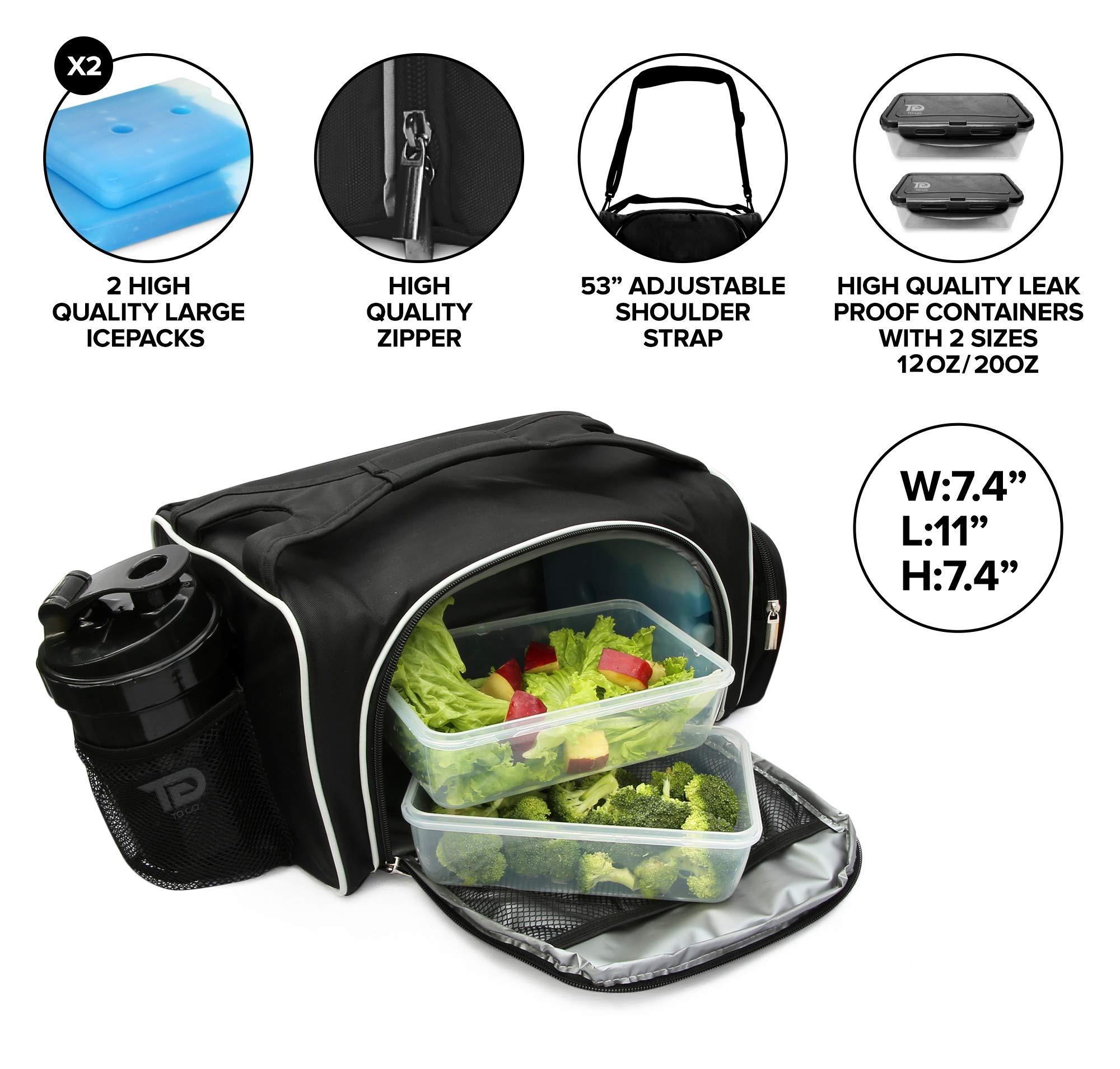 TO GO Meal Prep Bag Insulated Lunch Meals Bag W/6 Portion Control Containers,2 ICE PACKS, Shaker, Pill Box,With an Adjustable shoulder. bag for meals (black) New Design