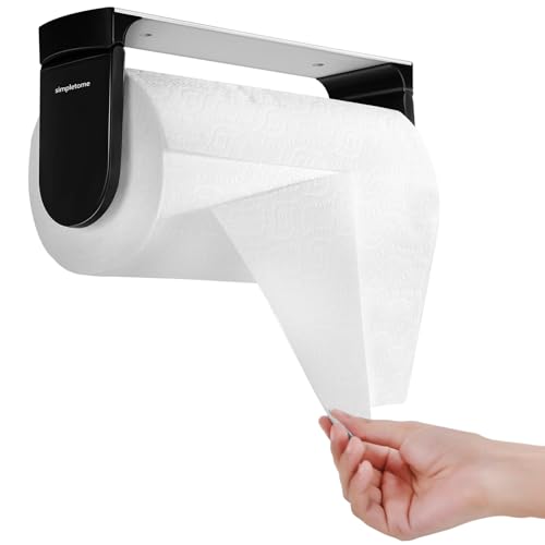 simpletome ONE Hand Tear Paper Towel Holder Under Cabinet Adhesive or Drilling Installation Aluminum Alloy + ABS (Black)