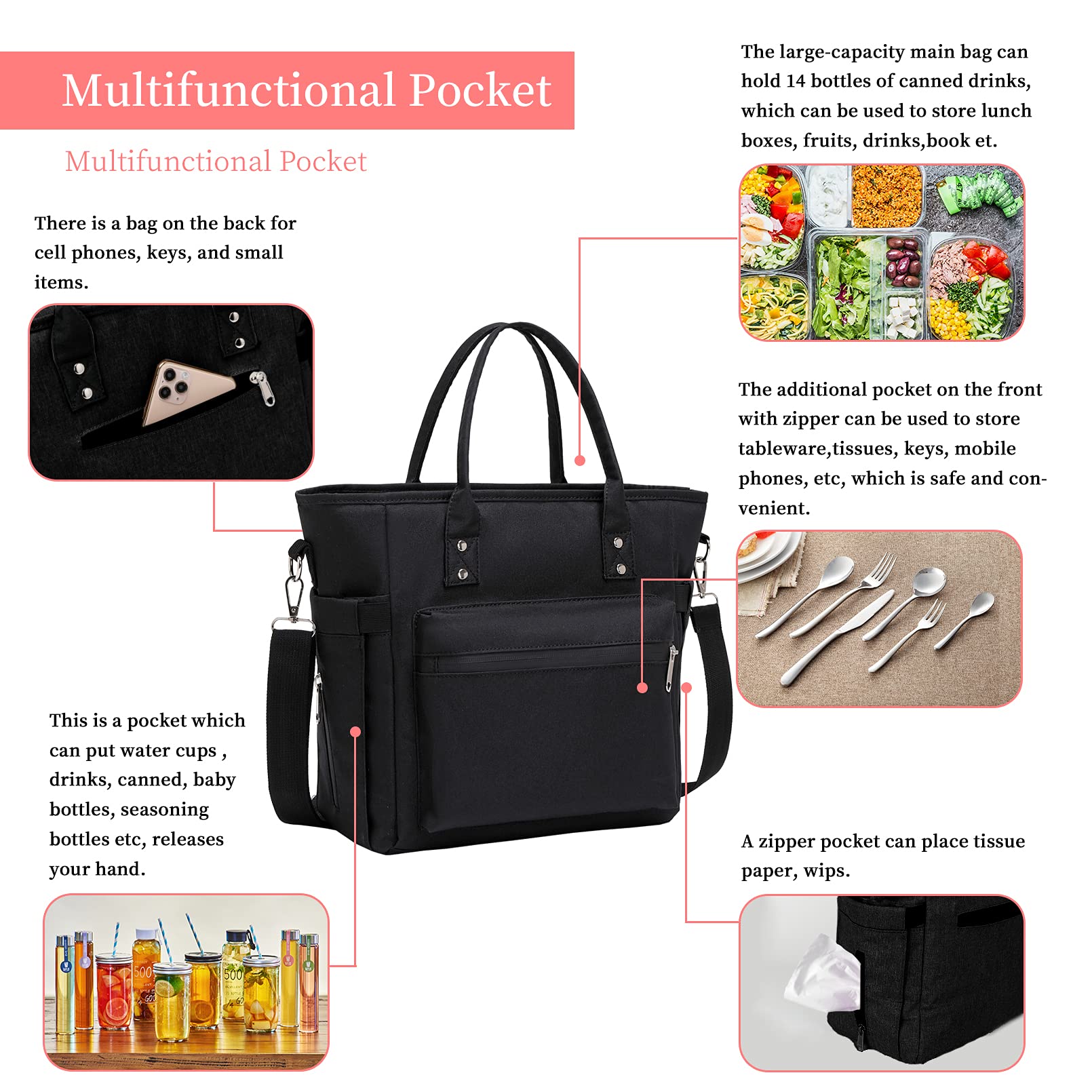 XUANQIFC Durable Insulated Lunch Bag Thermal Food Storage Tote Bags Water Resistant Ice Cooler with Long Shoulder Strap Big Volume Lunch Boxes For Adult Men Women Picnic Working Outing (Black)