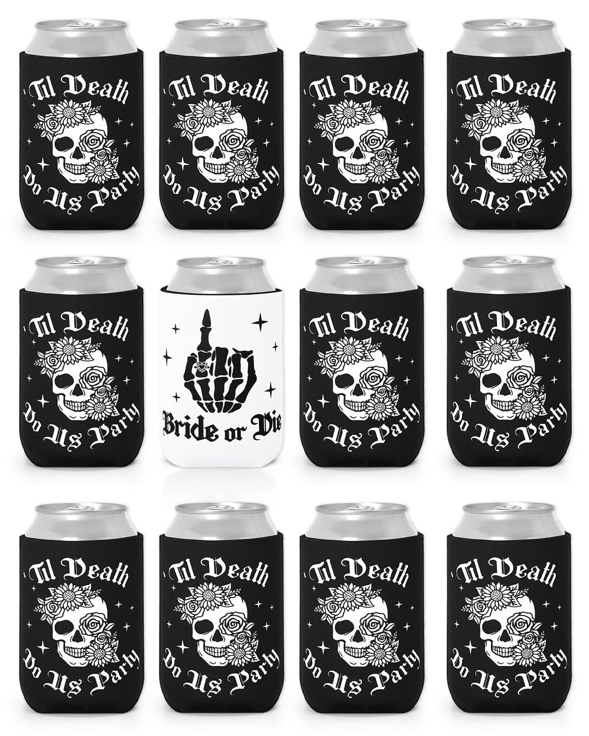 12-Pack Bride or Die Bachelorette Party Can Sleeves Till Death Beverage Sleeves Favor for Gothic Halloween Bridal Shower Party Supplies 1950s Rock and Roll Party Decorations