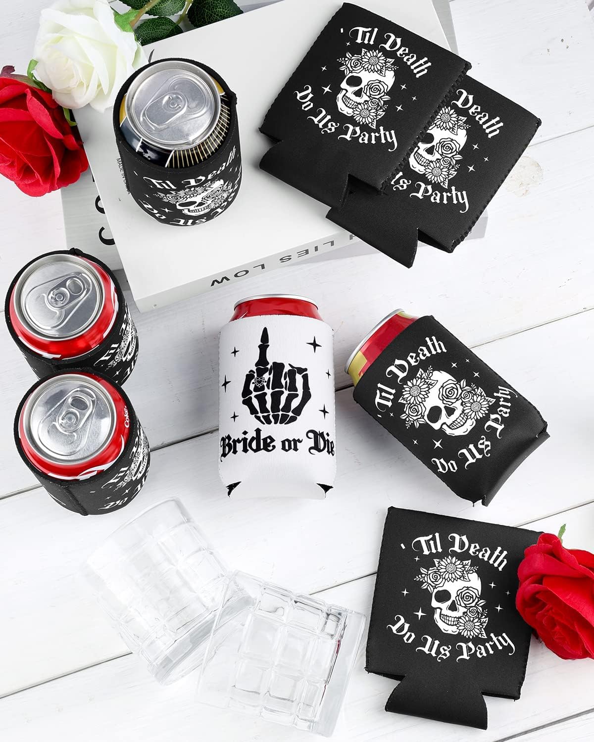 12-Pack Bride or Die Bachelorette Party Can Sleeves Till Death Beverage Sleeves Favor for Gothic Halloween Bridal Shower Party Supplies 1950s Rock and Roll Party Decorations