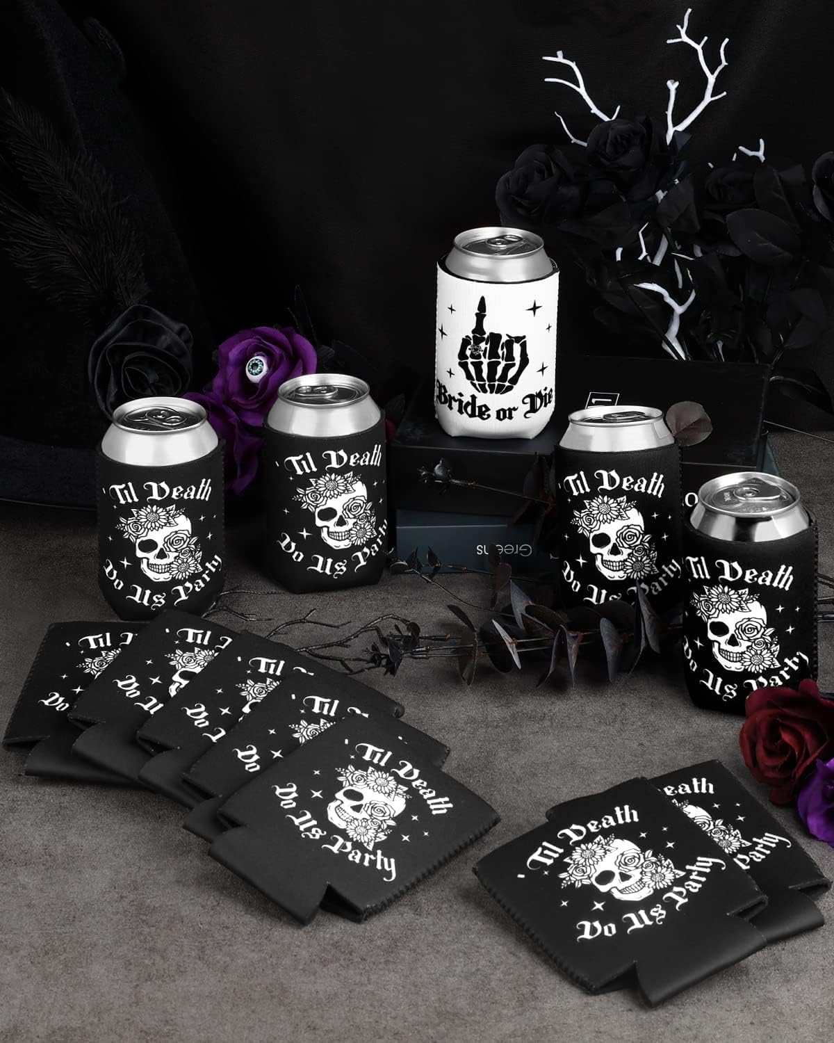 12-Pack Bride or Die Bachelorette Party Can Sleeves Till Death Beverage Sleeves Favor for Gothic Halloween Bridal Shower Party Supplies 1950s Rock and Roll Party Decorations