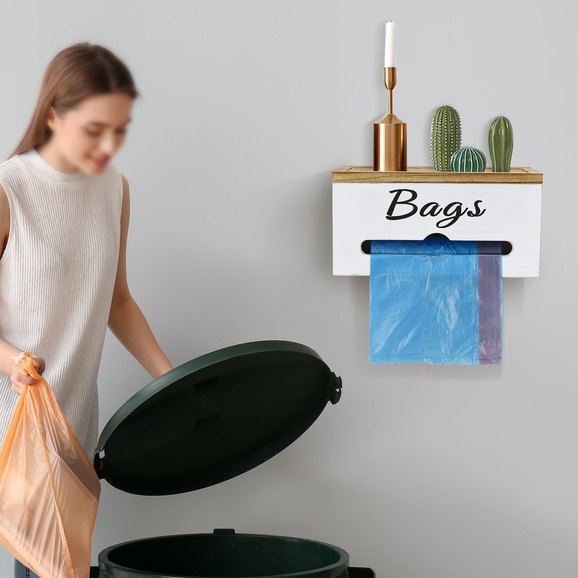 Anwelynd Rustic Grocery Bag Holder Wall Mounted,Trash Bag Holder with Lid, Trash Bag Roll Holder for Plastic Bags, Trash Bag Dispenser Garbage Bag Dispenser for Home & Kitchen Organization