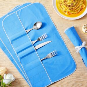 Silver Storage Bags Silver Storage Cloth Anti Tarnish Silver Protector Bags Blue Holder for Silverware Flatware Storage Organizer Place Setting Roll with White Ribbon for Kitchen Utensils (6 Pieces)