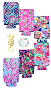 6-pack slim can neoprene insulators in cute floral patterns and pineapple bottle opener| perfect for insulator for 12oz tall drinks like white claw, truly, red bull, spiked seltzer, michelob ultra!