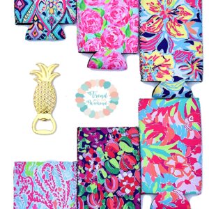 6-Pack Slim Can Neoprene Insulators in Cute Floral Patterns and Pineapple Bottle Opener| Perfect for Insulator for 12oz Tall Drinks Like White Claw, Truly, Red Bull, Spiked Seltzer, Michelob Ultra!