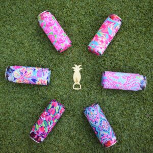 6-Pack Slim Can Neoprene Insulators in Cute Floral Patterns and Pineapple Bottle Opener| Perfect for Insulator for 12oz Tall Drinks Like White Claw, Truly, Red Bull, Spiked Seltzer, Michelob Ultra!