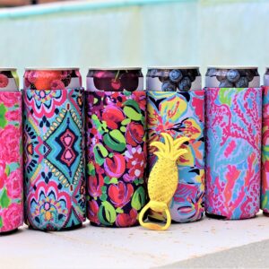 6-Pack Slim Can Neoprene Insulators in Cute Floral Patterns and Pineapple Bottle Opener| Perfect for Insulator for 12oz Tall Drinks Like White Claw, Truly, Red Bull, Spiked Seltzer, Michelob Ultra!