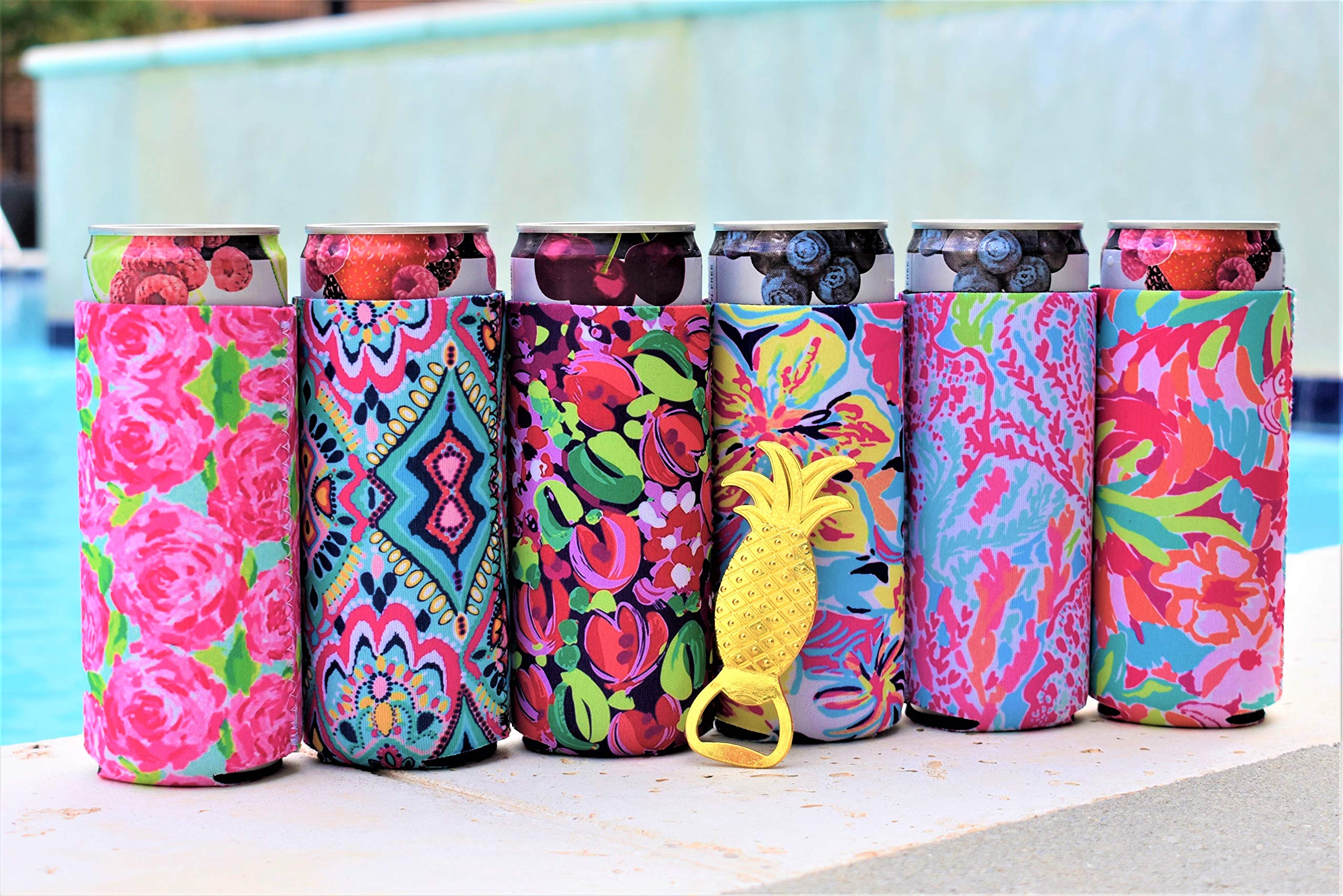 6-Pack Slim Can Neoprene Insulators in Cute Floral Patterns and Pineapple Bottle Opener| Perfect for Insulator for 12oz Tall Drinks Like White Claw, Truly, Red Bull, Spiked Seltzer, Michelob Ultra!