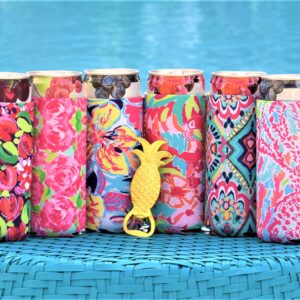 6-Pack Slim Can Neoprene Insulators in Cute Floral Patterns and Pineapple Bottle Opener| Perfect for Insulator for 12oz Tall Drinks Like White Claw, Truly, Red Bull, Spiked Seltzer, Michelob Ultra!