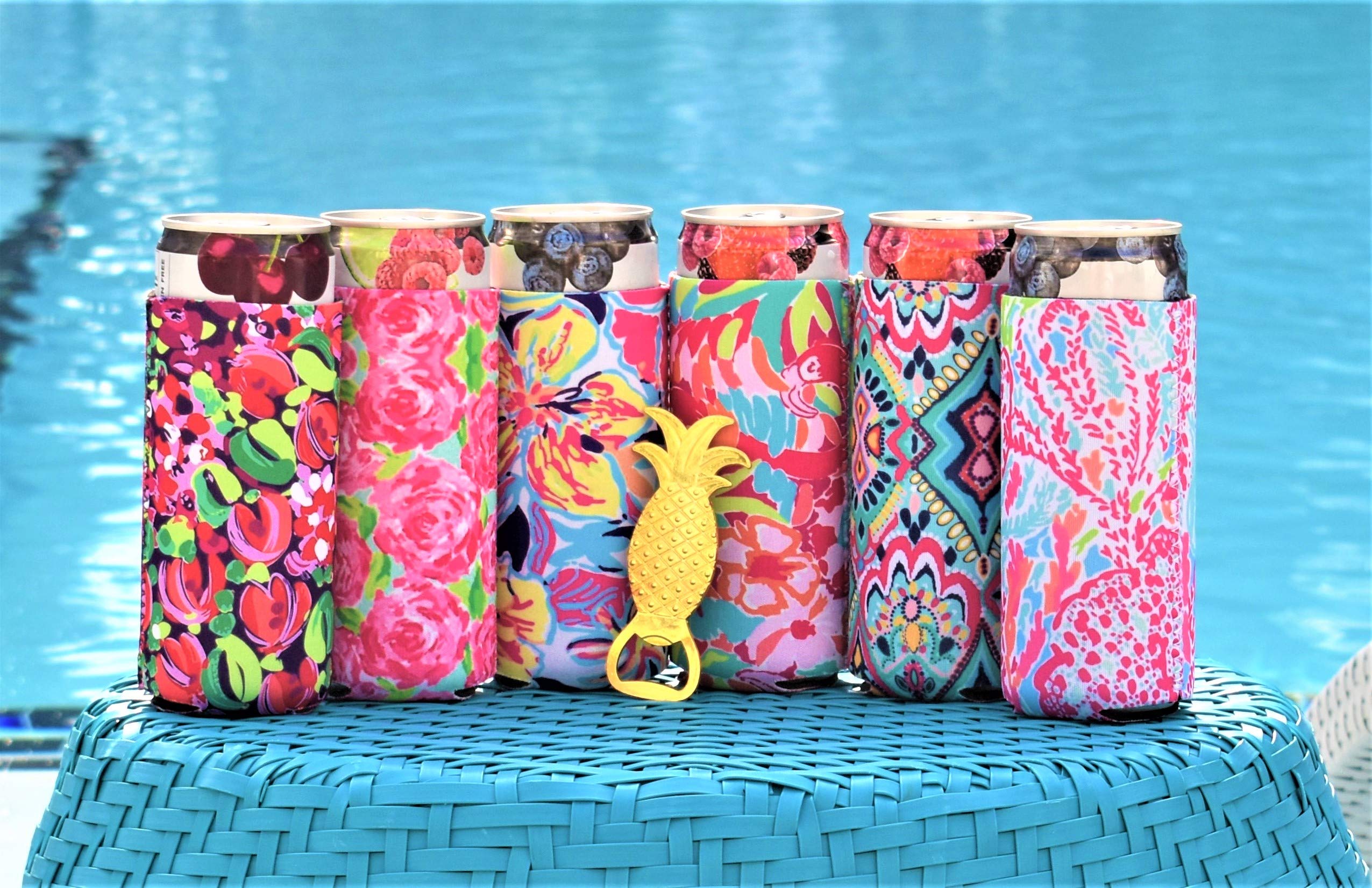 6-Pack Slim Can Neoprene Insulators in Cute Floral Patterns and Pineapple Bottle Opener| Perfect for Insulator for 12oz Tall Drinks Like White Claw, Truly, Red Bull, Spiked Seltzer, Michelob Ultra!