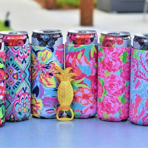 6-Pack Slim Can Neoprene Insulators in Cute Floral Patterns and Pineapple Bottle Opener| Perfect for Insulator for 12oz Tall Drinks Like White Claw, Truly, Red Bull, Spiked Seltzer, Michelob Ultra!