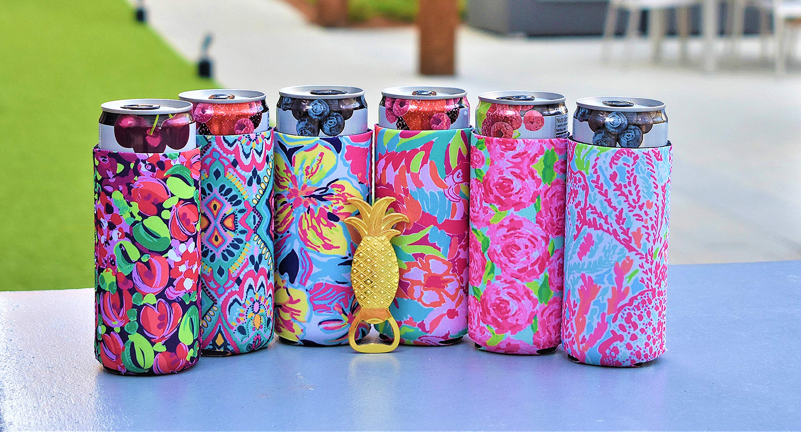 6-Pack Slim Can Neoprene Insulators in Cute Floral Patterns and Pineapple Bottle Opener| Perfect for Insulator for 12oz Tall Drinks Like White Claw, Truly, Red Bull, Spiked Seltzer, Michelob Ultra!