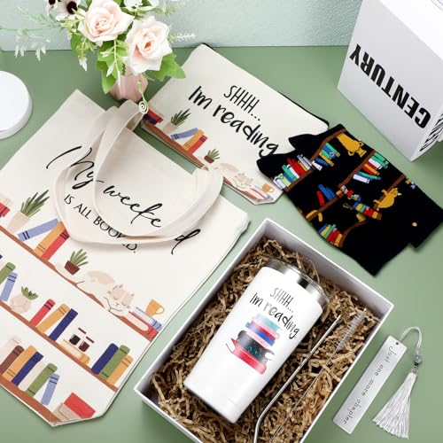 Silkfly 5 Pcs Book Lovers Gifts Set, Gifts for Book Lovers, Includes 20 oz Tumbler Socks Bookmark Tote Bag and Cosmetic Bag