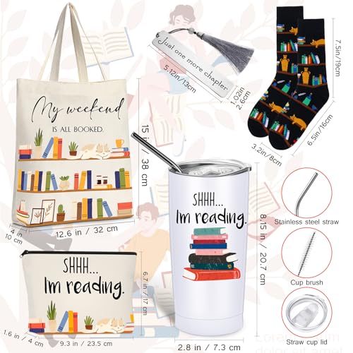 Silkfly 5 Pcs Book Lovers Gifts Set, Gifts for Book Lovers, Includes 20 oz Tumbler Socks Bookmark Tote Bag and Cosmetic Bag