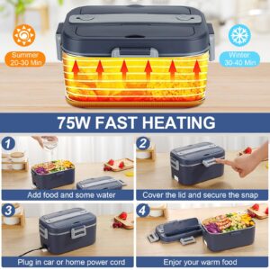 BHeadCat Electric Lunch Box Food Heater, 75W 1.8L Protable Heated Lunch Box for Adults Work Food Heating, Leak Proof Removable Stainless Steel Container, 12V/24V/110V for Car Truck Home