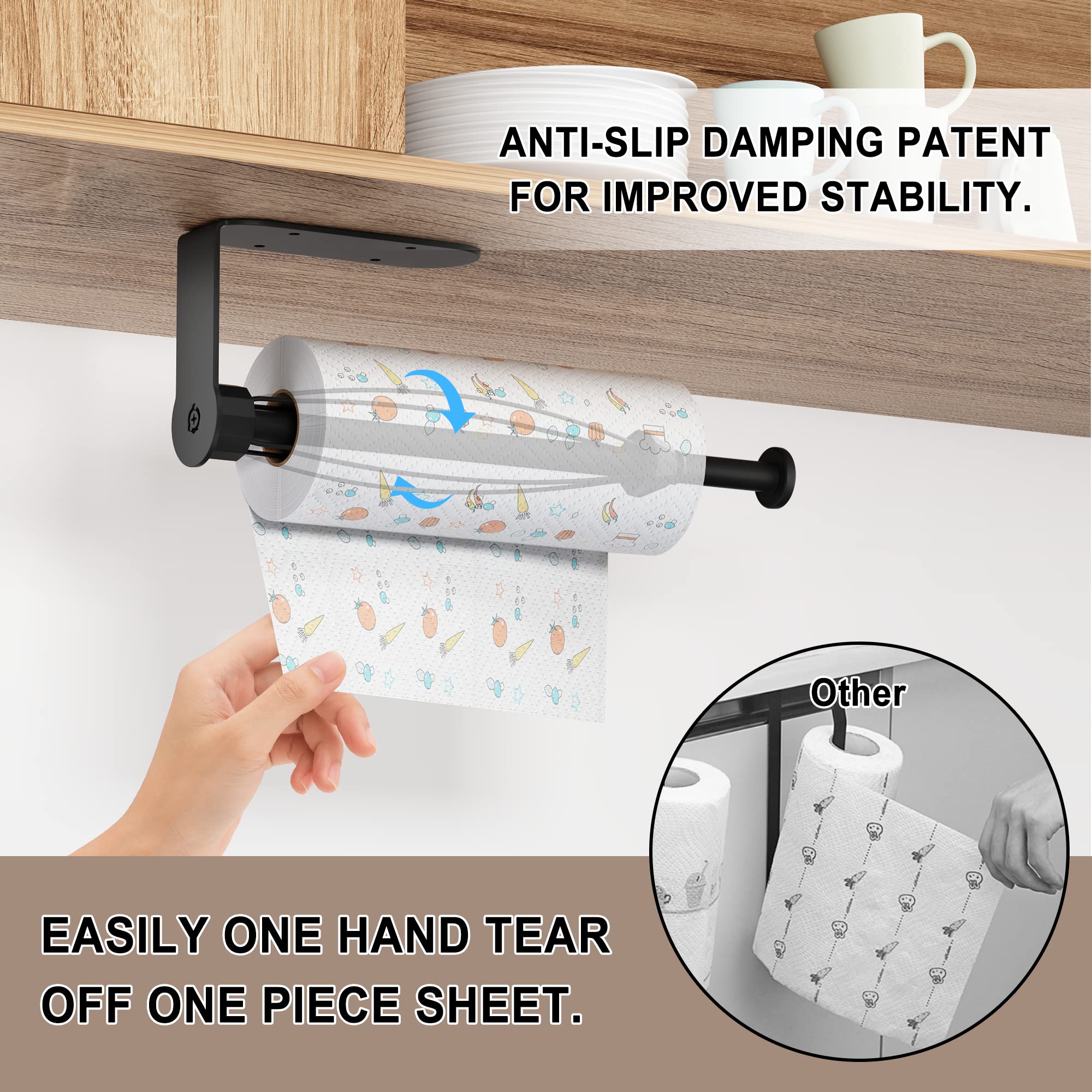 Paper Towel Holder Under Cabinet – Enkrio Easy Tear Paper Towel Holder Wall Mount with Damping Design - Self Adhesive Paper Towel Roll Holder for Kitchen RV Bathroom, Black