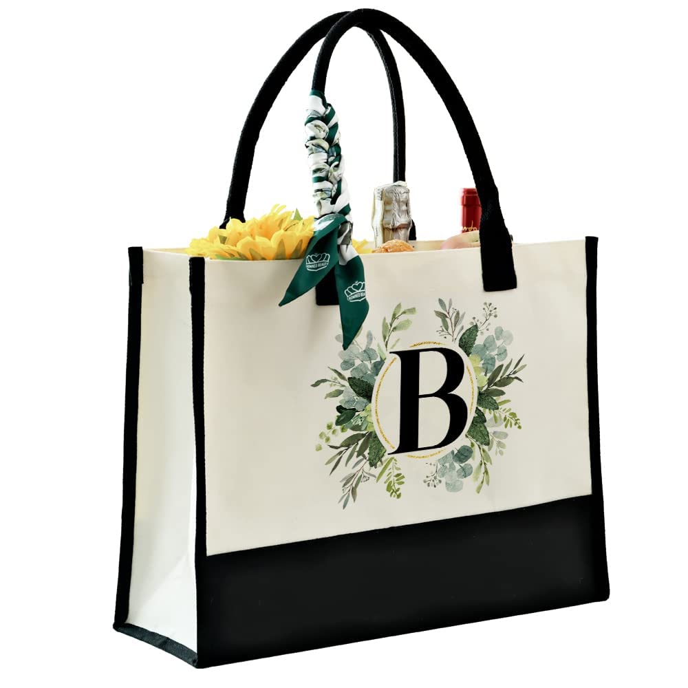 CROWNED BEAUTY Canvas Tote Bag with Zipper Pocket, Personalized Birthday Gift for Women, Floral Initial Letter B Bag for Vacation Beach CT02-B