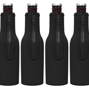 TahoeBay Beer Bottle Insulator Sleeves (Black) Neoprene Coolers with Zipper for 12oz Longneck Bottles (4)