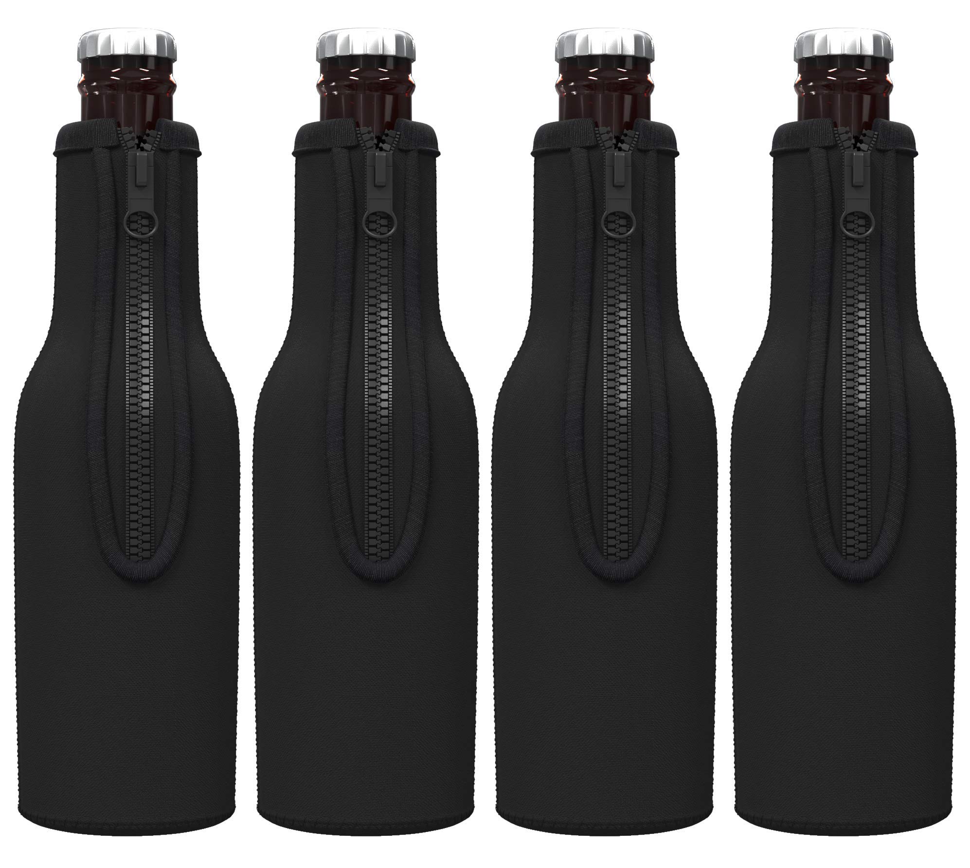 TahoeBay Beer Bottle Insulator Sleeves (Black) Neoprene Coolers with Zipper for 12oz Longneck Bottles (4)