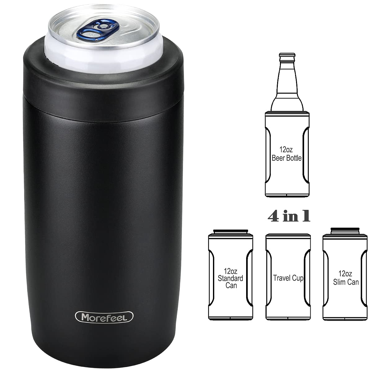 Morefeel 4-in-1 Skinny Can Cooler Double Wall Stainless Steel Insulated Can Holder, Works With 12 Oz Slim Can,Standard Cans,Beer Bottles & As Pint Cups(Black)